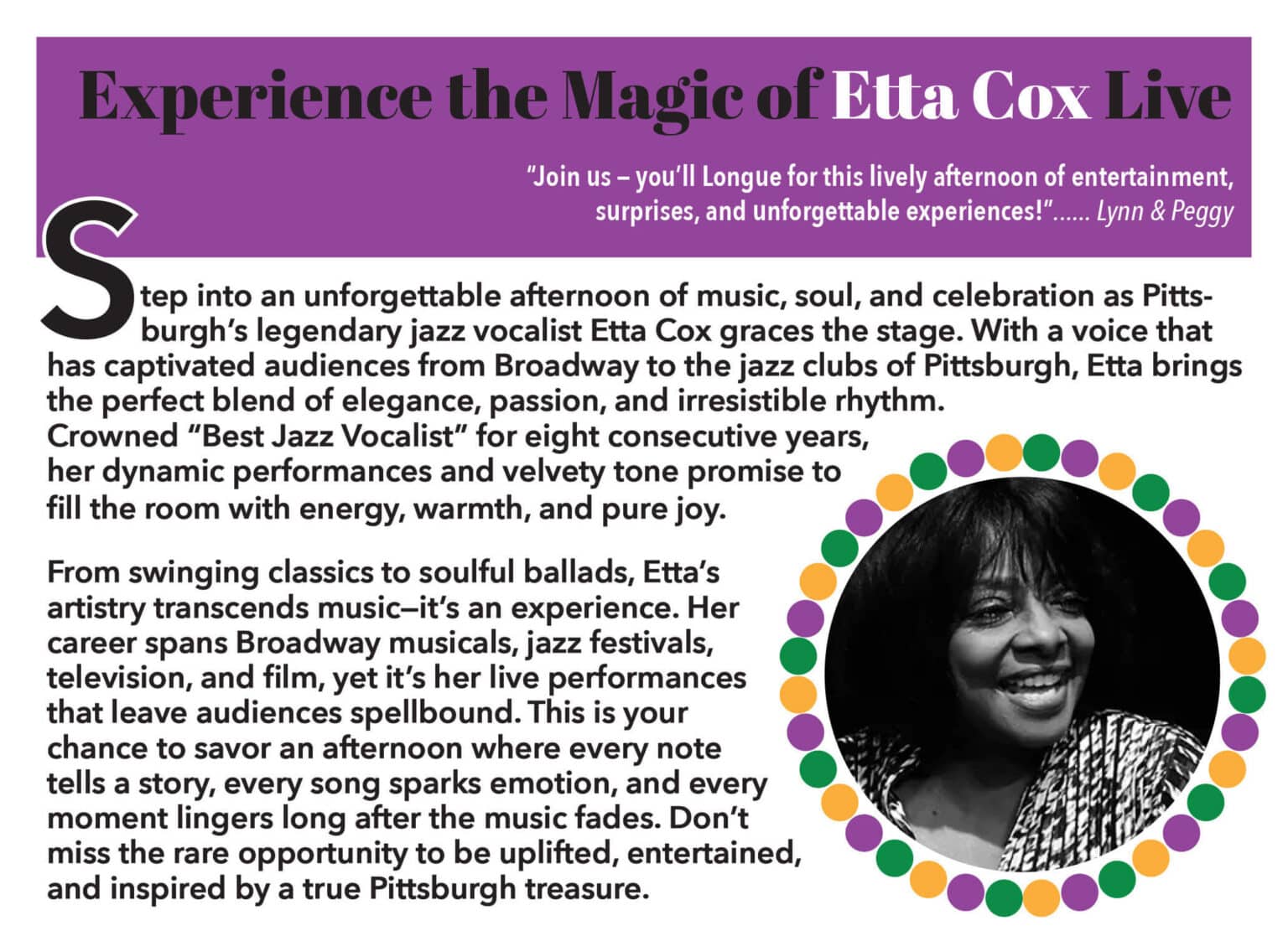Big Easy JAZZ Brunch featuring the Renowned Etta Cox - The 25 Club